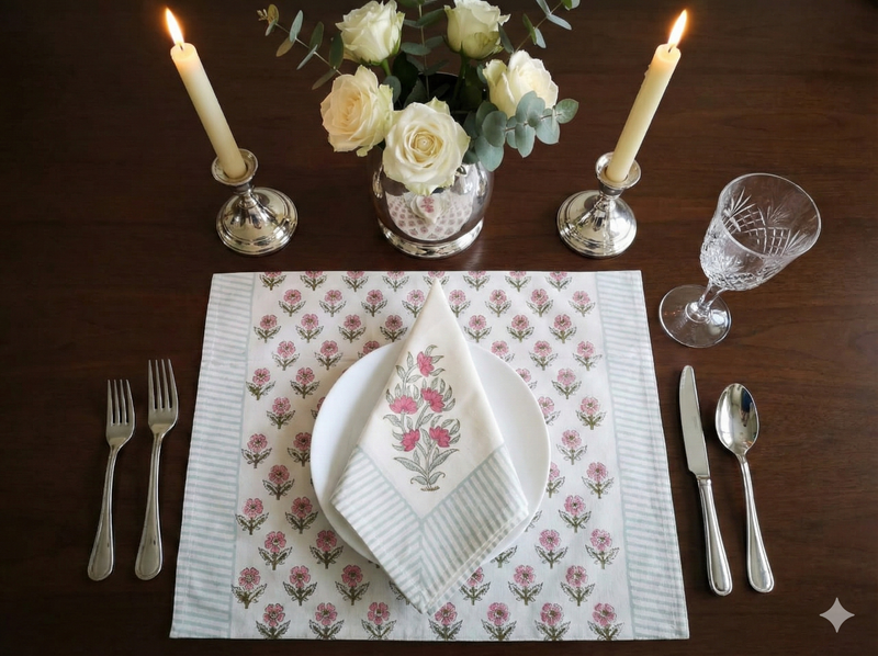Floral Love - Hand Blocked Table Mats and Napkins Set – Elite Furnishing